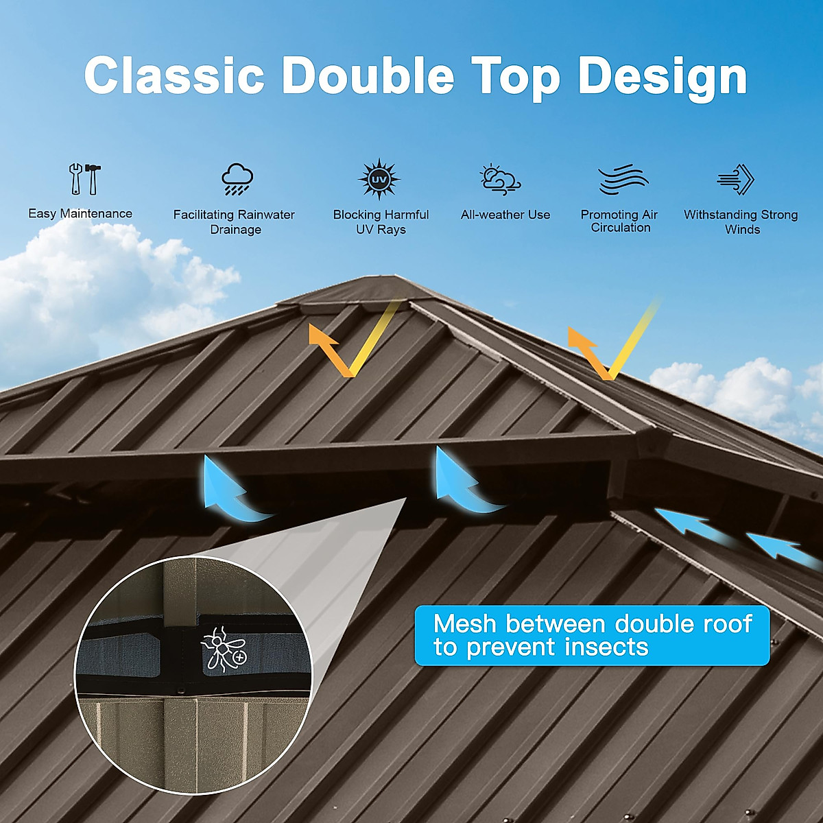 Domi 12x12FT Hardtop Gazebo with Netting & Curtains, Outdoor Aluminum Frame Gazebo with Galvanized Steel Double Roof, Outdoor Permanent Metal Pavilion for Patio Deck Lawn and Garden, Brown