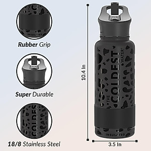 Coldest Sports Water Bottle with Straw Lid Vacuum Insulated Stainless Steel Metal Thermos Bottles Reusable Leak Proof Flask for Sports Gym(32 oz, Black Leopard)