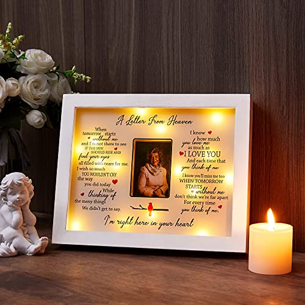 WOODEXPE Sympathy Gift 8" x 10" LED Memorial Shadow Box Keepsake Picture Frame Memorial Gifts for Loss of Loved One 2x3 Photo (A Letter from Heaven White)