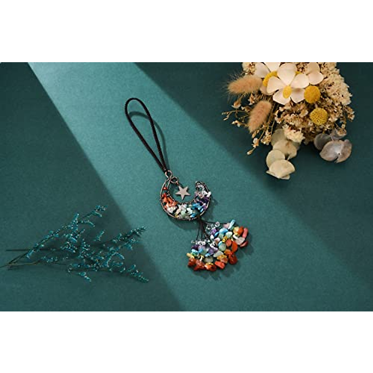 CrystalTears Chakra Stones Healing Crystal Moon Hanging Ornament Handmade 7Chakra Tree of life Wall Ornament Feng Shui Crystal Window Car Ornament for Meditation Home Office Christmas Decor Gift