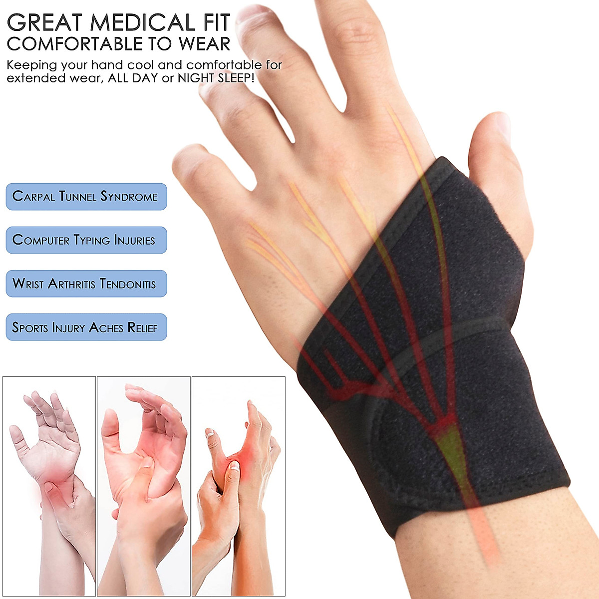 HiRui 2 Pack Wrist Brace Wrist Wraps, Wrist Compression Straps Wrist Support for Workout Tennis Weightlifting Tendonitis Sprains Carpal Tunnel Arthritis Pain Relief, Adjustable (Black)