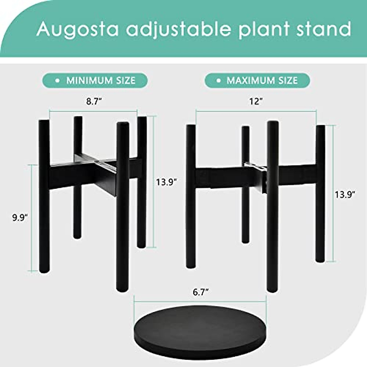 AUGOSTA Bamboo Adjustable Planter Tray Included, Mid Century Modern Indoor Plant Stand, Fit 8 9 10 11 12 inch Pots, Plant Pot Not Included (Black)