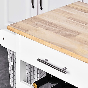 HOMCOM Rolling Kitchen Island with Storage, Kitchen Cart with Solid Wood Countertop, Drawer, Adjustable Shelf and Wine Rack, White