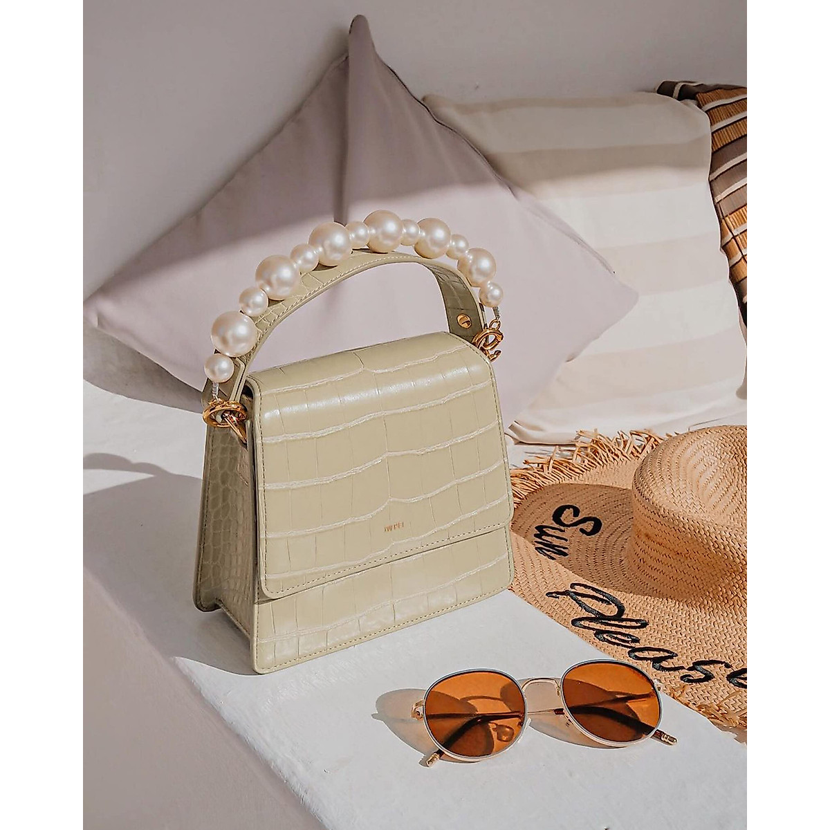 JW PEI Small Top-handle Handbag Vegan Leather Anna Faux Pearl Chain Accessories for DIY Hand bags