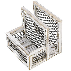 MyGift Whitewashed Solid Wood Farmhouse Napkin Holder with Salt and Pepper Shaker Caddy, Dining Table Napkin and Seasoning Condiment Holder with Metal Mesh Accent