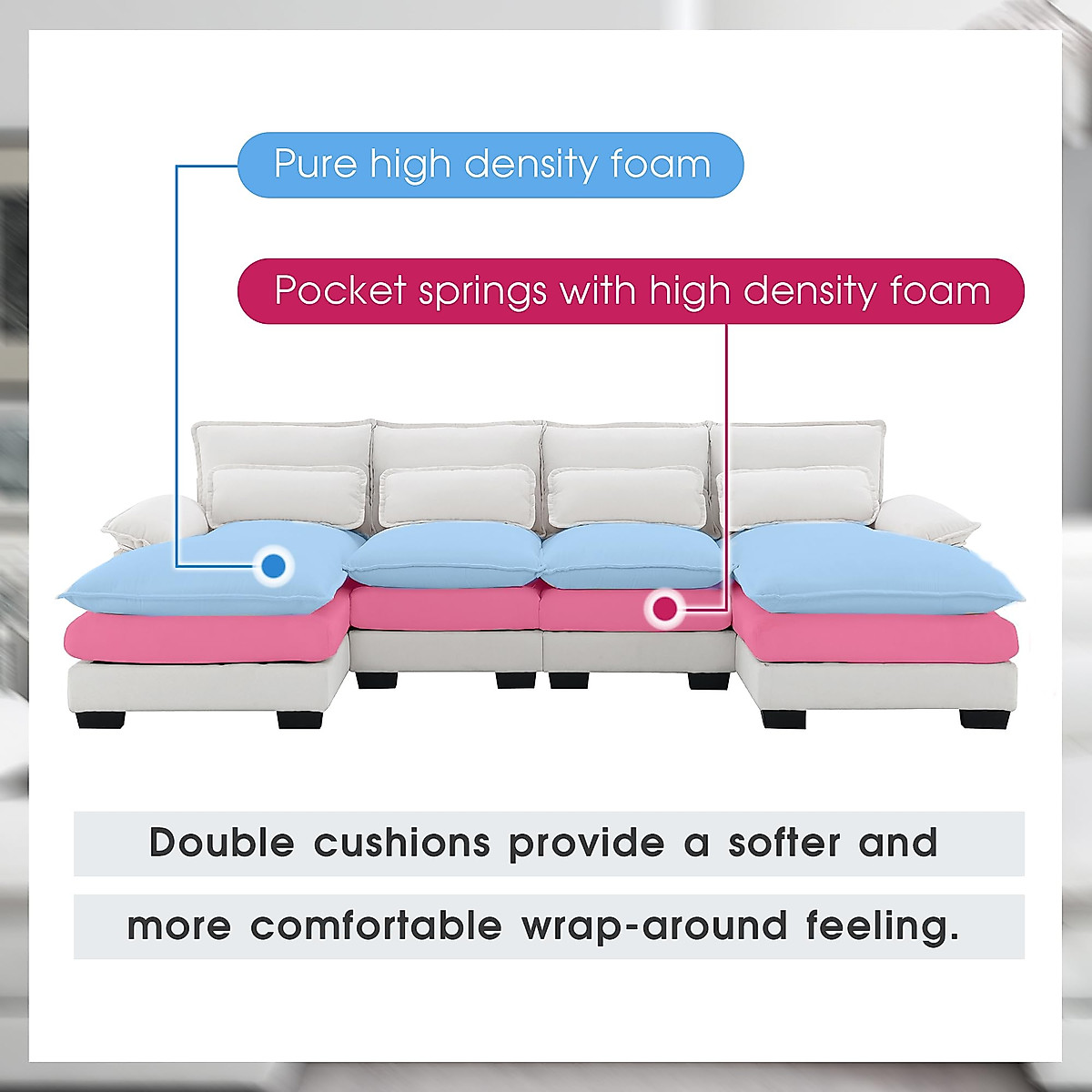 110" U-Shaped Sectional Sofa, Modern 6-Seater Upholstered Chenille Cloud Sofa Couch, Large Sleeper Sofa with Double Chaise Lounge for Living Room Bedroom Apartment Office (Cream White)