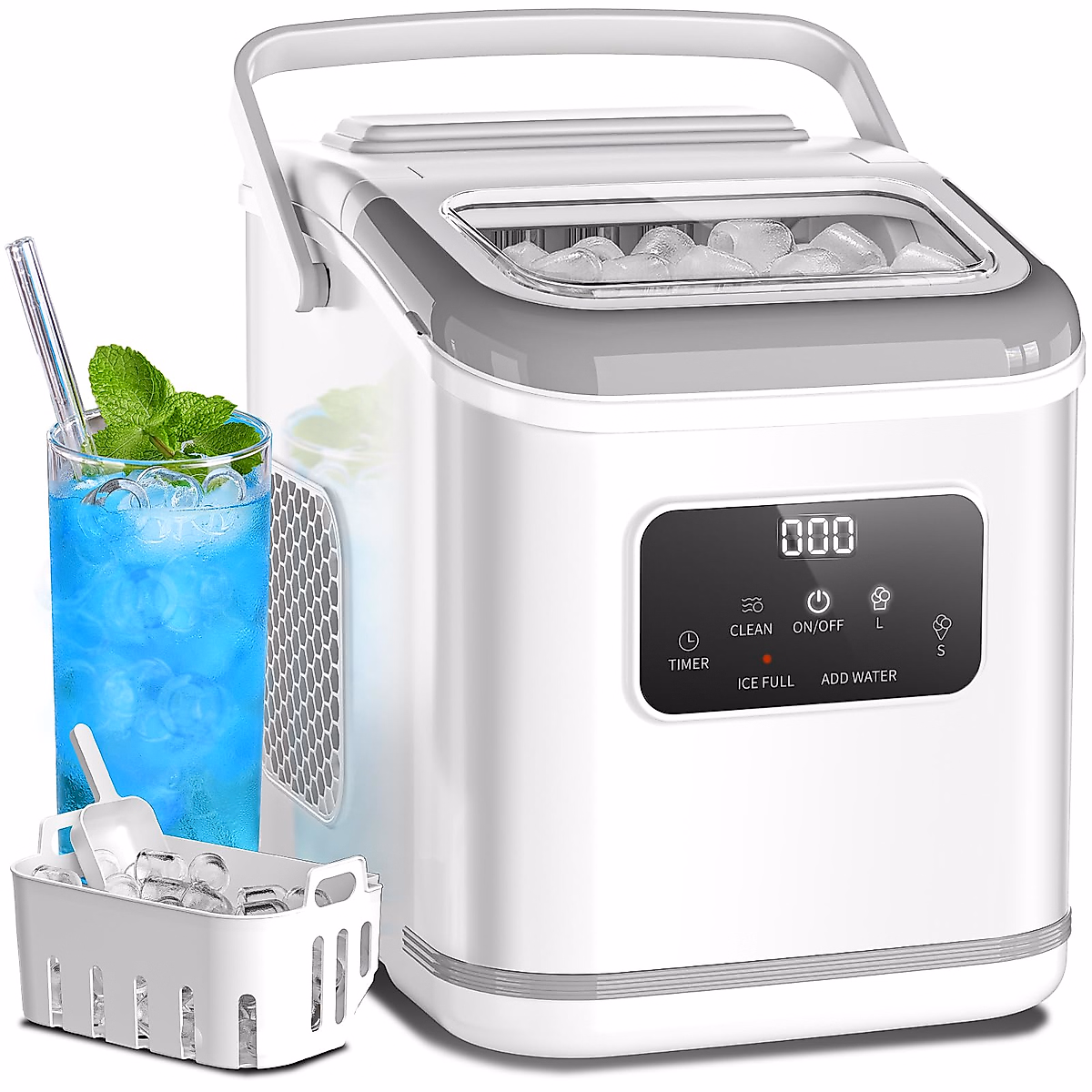 Electactic Ice Maker Machine countertop Self Cleaning Portable Compact Small Bullet Ice Maker with Digital Screen,9 Cubes in 6 Mins,26lbs in 24Hrs,for Camping Dorm Home Outdoor（White）