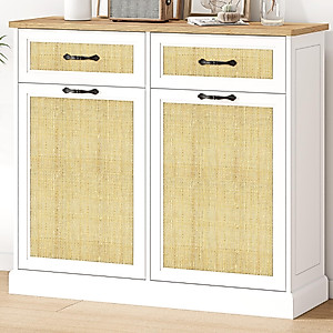 Double Tilt Out Kitchen Trash Cabinet,Freestanding Trash Cabinet with Countertop and Drawer,Wooden Pet Proof Recycling Cabinet, Hideaway Trash Holder for Home Kitchen Bathroom Living Room Single