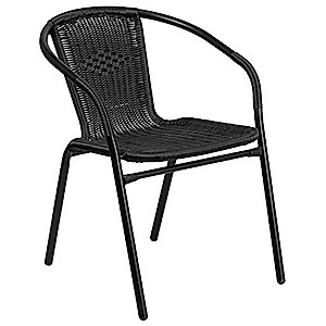 Flash Furniture 23.75'' Round Glass Metal Table with 2 Black Rattan Stack Chairs