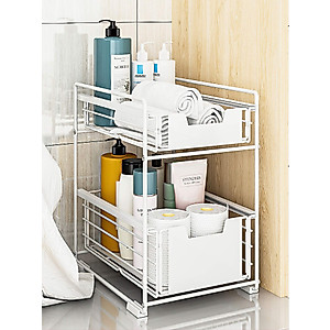 Under Sink Cabinet Organizer 2 Tier Sliding Cabinet Basket with Storage Drawer,Desktop Organizer for Kitchen Countertop Pantry Bathroom,White