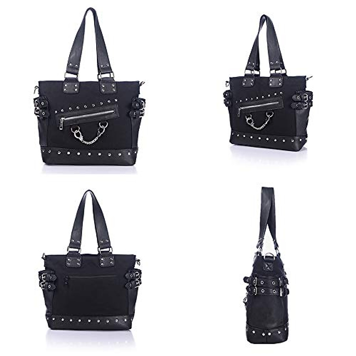 Women Fashion Rivet Handbag Purse Canvas Punk Tote with Shoulder Strap Crossbody Bag Large Capacity Black (Black)