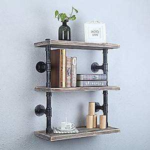 Industrial Pipe Shelf Wall Mounted,3 Tier Rustic Metal Floating Shelves,Steampunk Real Wood Book Shelves,Wall Shelving Unit Bookshelf Hanging Wall Shelves,Farmhouse Kitchen Bar Shelving(24in)