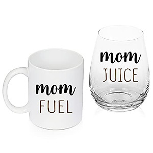 Mom Fuel Ceramic Coffee Mug＆Mom Juice Stemless Wine Glass Set of 2, Funny Mom Coffee Mug 11Oz Wine Glass 15Oz - Mother’s Day Gifts for Mom New Mom First Mom Wife, Christmas Birthday Gift from Kids