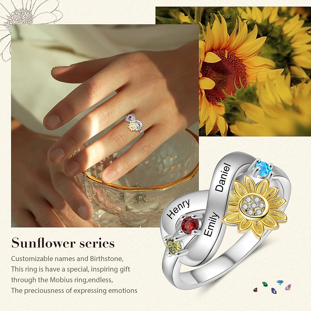 Sunflower Promise Ring for Women Personalized Infinity Ring with Simulated Birthstones Custom Name Engagement Rings Jewelry Gifts for Mom Wife Her(3 Stone,6)