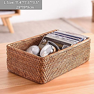 amololo Handmade Rectangle Wicker Fruit Box Rattan Tray Magazine Organizer and Small Objects Container Serving Basket (Large)