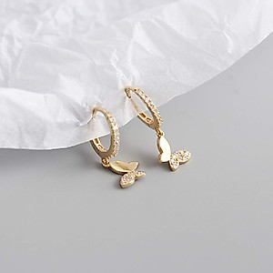 Cute Butterfly Small CZ Cartilage Hoop Earrings With Tiny Charm Dangle Drop for Women Girls S925 Sterling Silver Dainty Fashion Huggie Hoops Hypoallergenic Jewelry Gifts for Daughter Sister Bff (Gold)