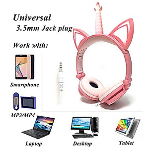 Olyre Cartoon Cute Headphones Wired 3.5mm Jack Light Up Flashing LED Unicorn Headphones Folding Adjustable On Ear Earphones for Women Girls Boys Children Kids Toddler School Birthday