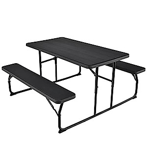Giantex Folding Picnic Table Bench Set, Outdoor Dining Table Set, Large Camping Table for Patio Deck Lawn Garden Backyard Poolside, Portable Picnic Tables, Weather Resistant Metal Frame, Black