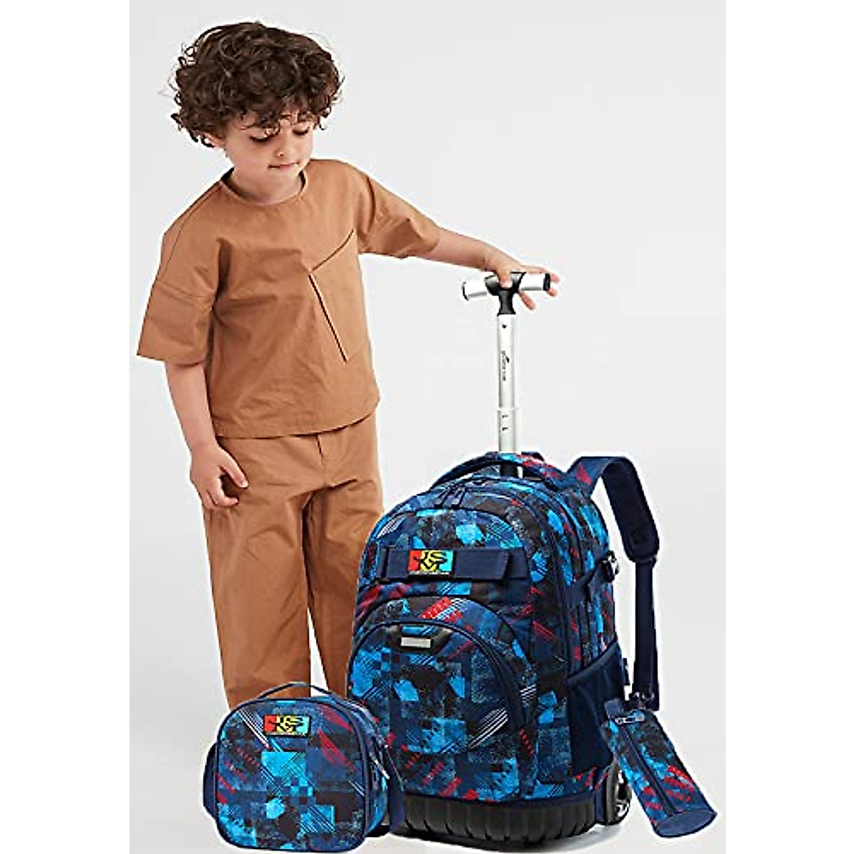 Egchescebo Kids 3PCS Rolling Backpack 18" for Boys with Lunch Bag Pencil Case School Bags Wheeled Backpack Travel Kids' Luggage Wheeled Bags Trolley Fashion Space Starry Sky Printed Durable Bookbag with Big Wheels Blue