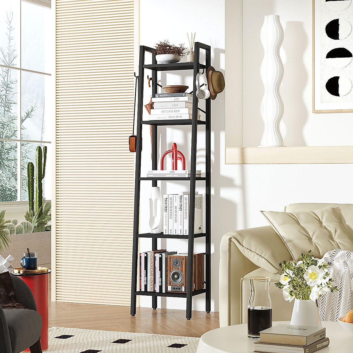YMYNY 5 Tiers Ladder Bookcase, Industrial Narrow Bookshelf, Open Display Rack with 4 S Hooks, Metal Storage Shelves for Bedroom, Home Office, Living Room, Black, 63H*13.4L*11.8W, UHBC025B