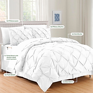 Elegant Comfort 8-Piece Pinch Pleated Comforter Set - All Season Complete Bed in a Bag, Includes 4pc Smart Sheet Set, Bed Skirt, Comforter, Matching Pillowcases and Shams, Full/Queen, White