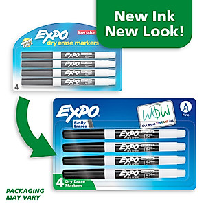 EXPO Low Odor Dry Erase Markers, Fine Tip, Black, 4 Count