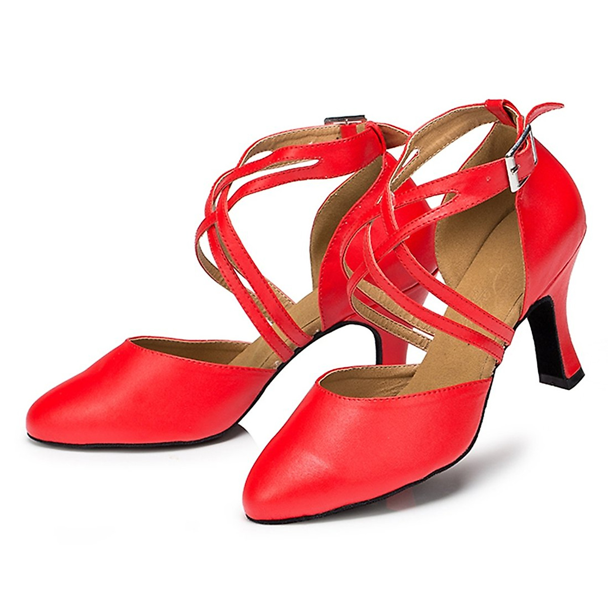 TDA Women's Round Toe Ankle Wrap Buckle Red Leather Salsa Tango Ballroom Latin Modern Dance Wedding Shoes 4 M US