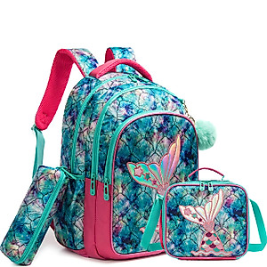 School Backpack for Girls Mermaid 3 in 1 Bookbag Kids Backpack for Girls Elementary Preschool Student