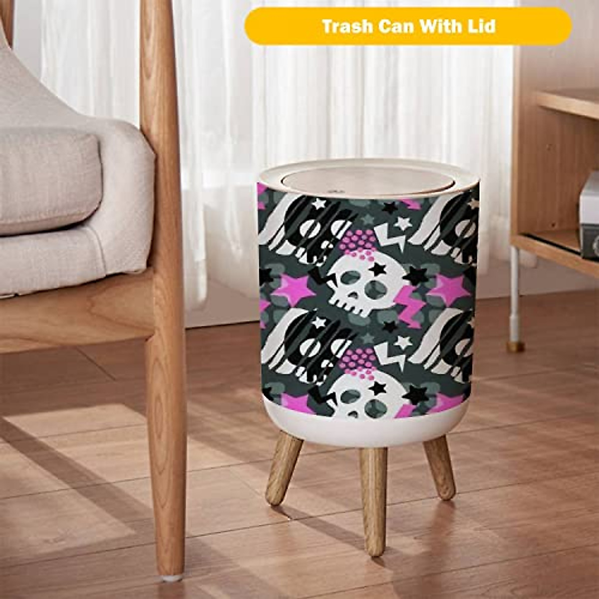 Small Trash Can with Lid Skull funky seamless rough grunge modern design Hipster trendy painted Round Garbage Can Press Cover Wastebasket Wood Waste Bin for Bathroom Kitchen Office 7L/1.8 Gallon