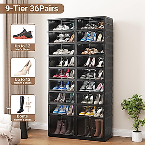 BROVIEW 9 Tiers 36 Pairs Foldable Shoe Rack, Tall Plastic Shoe Boxes Organizer for Closet Entryway, Large Shoe Storage Container Sneaker Cabinet Bin with Magnetic Clear Door, Black