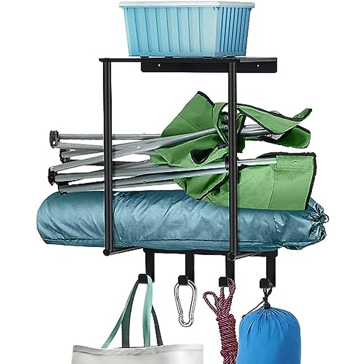 Camping Chair Storage, Metal Camping Chair Holder for Garage with 4 Hooks, Beach Chair and Umbrella Wall Storage Rack, Black