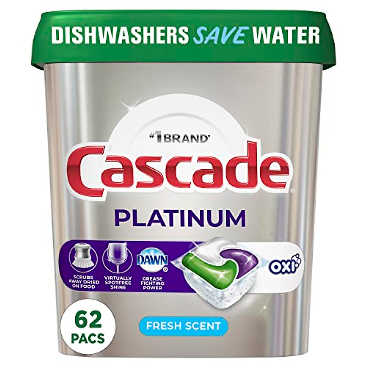 Cascade Platinum Dishwasher Pods, Dishwasher Detergent, Dishwasher Pod, Dishwasher Soap Pods, Actionpacs + Oxi with Dishwasher Cleaner and Deodorizer Action, Fresh, 62 Count of Dish Detergent Pods