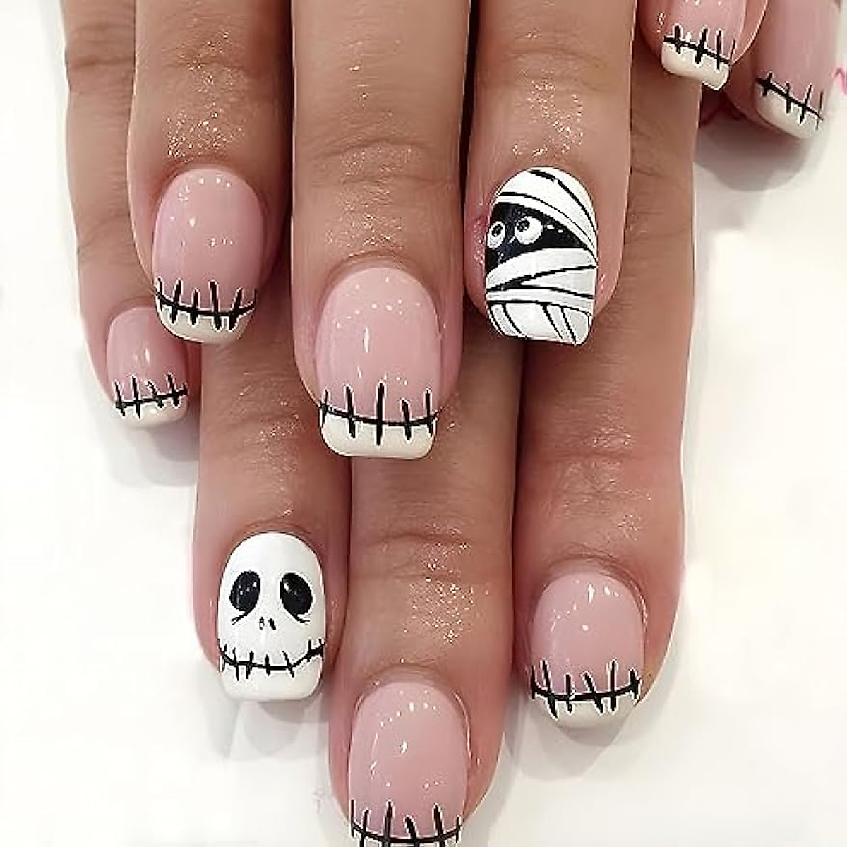Halloween Short Mummy Design Fake Nails Square Press on Nails Glue on Nails Full Cover Odd Halloween Skull Nails Short Stick on Nails for Women and Girls Party Nail Art Manicure24ps
