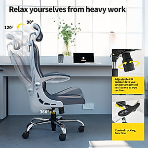 HOLLUDLE Ergonomic Office Chair with Foldable Backrest, Computer Desk Chair with Flip-up Armrests, Mesh Lumbar Support and 2D Headrest Big and Tall Office Chair, White