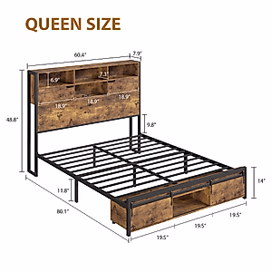 Jocoevol Queen Size Bed Frame with Charging Station, LED Bed Frame with Bookcase Storage Headboard, Footboard Sliding Barn Door, Platform Bed with Heavy Duty Metal Slats, No Box Spring Needed (Queen)