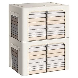 2Pack Storage Bins with Divided Interior - Frame Storage Box Oxford Fabric Clothes Storage Bags Large Capacity Stackable Foldable Container Organizer Set with Clear Window (Large-66L, Beige)