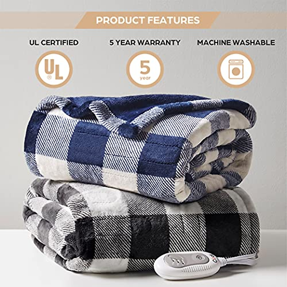 Soft Plush Electric Heated Blanket Throw, White Black Plaid Microlight Therapedic Throws | 3 Heat Setting with Auto Shut Off, 6ft Power Cord, | Washable