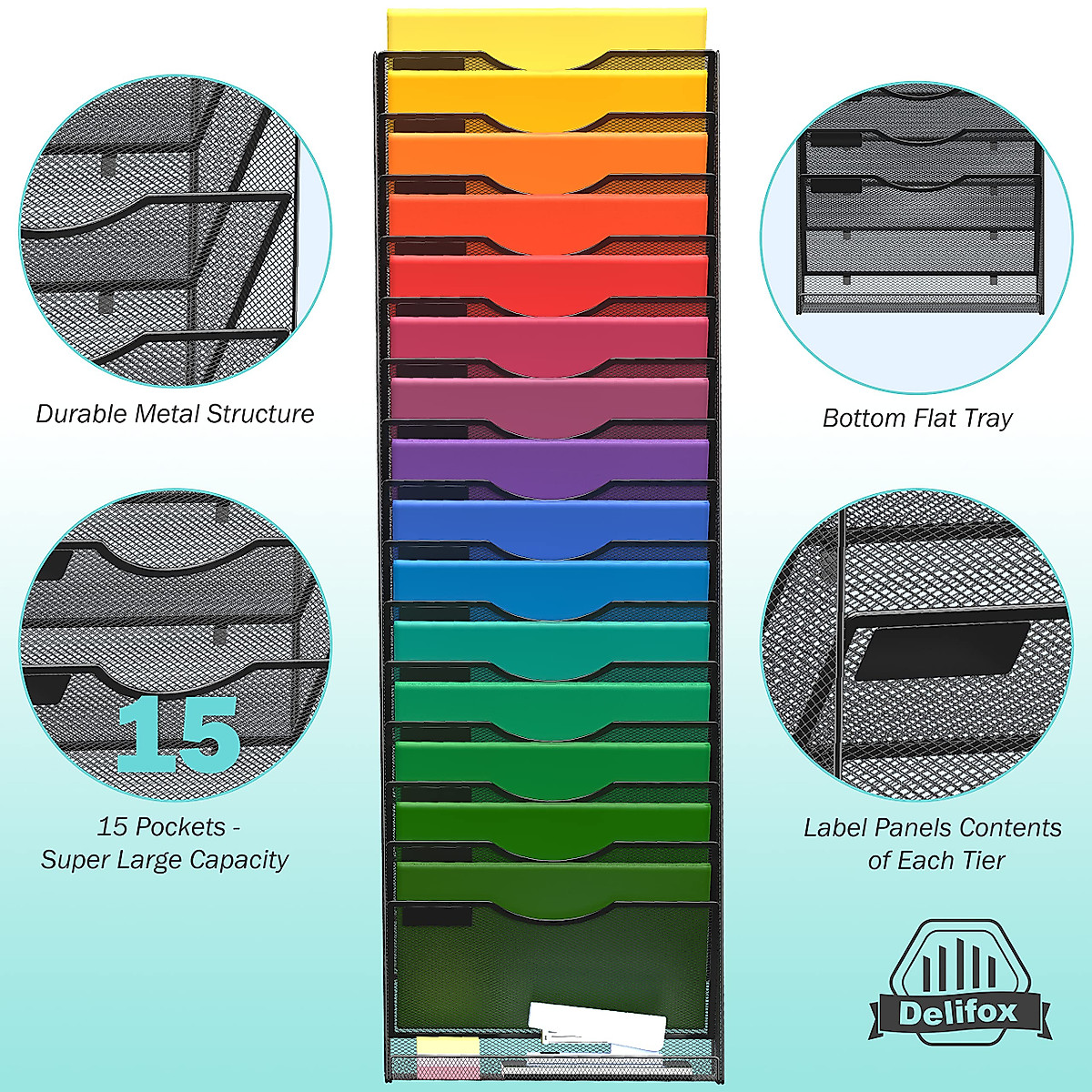 Delifox 16-Tier Wall Mounted Hanging File Organizer Wall File Holder Metal Mesh Vertical Magazine Rack Classroom Office Organization