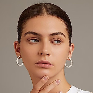 CERSLIMO Pearl Hoop Earrings for Women - 3 Pairs 14K Gold Plated Pearl Hoop Earrings Set, S925 Sterling Silver Post Big Large Hoops 4mm Pearl Earrings Jewelry Gifts 20/30/40mm