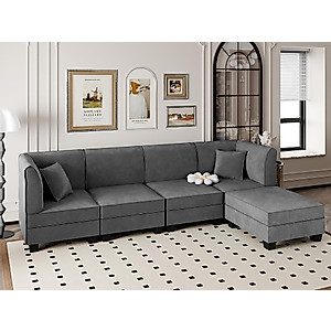 Vongrasig 5 Pieces Sectional Couch Modular Sofa with Reversible Chaise 116" Velvet L-Shaped Couch Sofa 4-seat Modular Large Sectional Couch with Ottoman for Living Room, Upholstered Cushion (Grey)