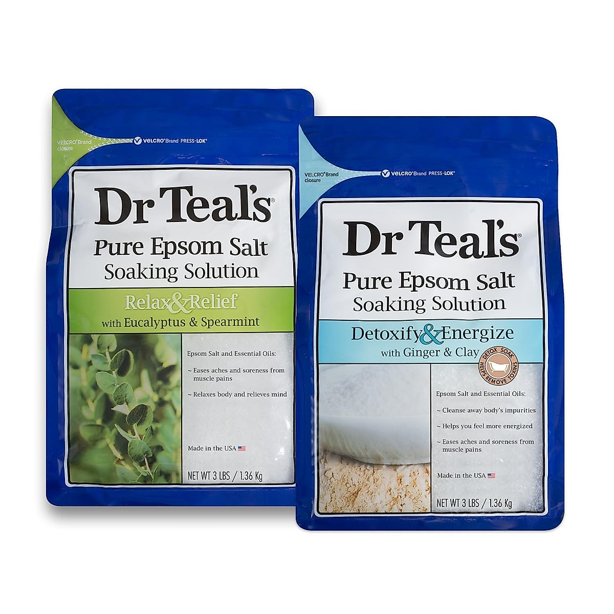 Dr Teal's Epsom Salt Soaking Solution, Eucalyptus and Detoxify & Energize, 2 Count - 6lbs Total