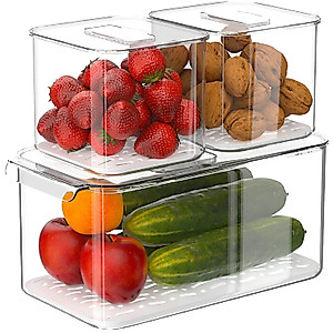 Slideep Food Storage Containers Produce Saver with Lids, Stackable Refrigerator Freezer Organizer Bins with Removable Drain Tray, Fridge Fresh Keeper for Veggie, Berry, Fruits, Vegetables 3 Pack