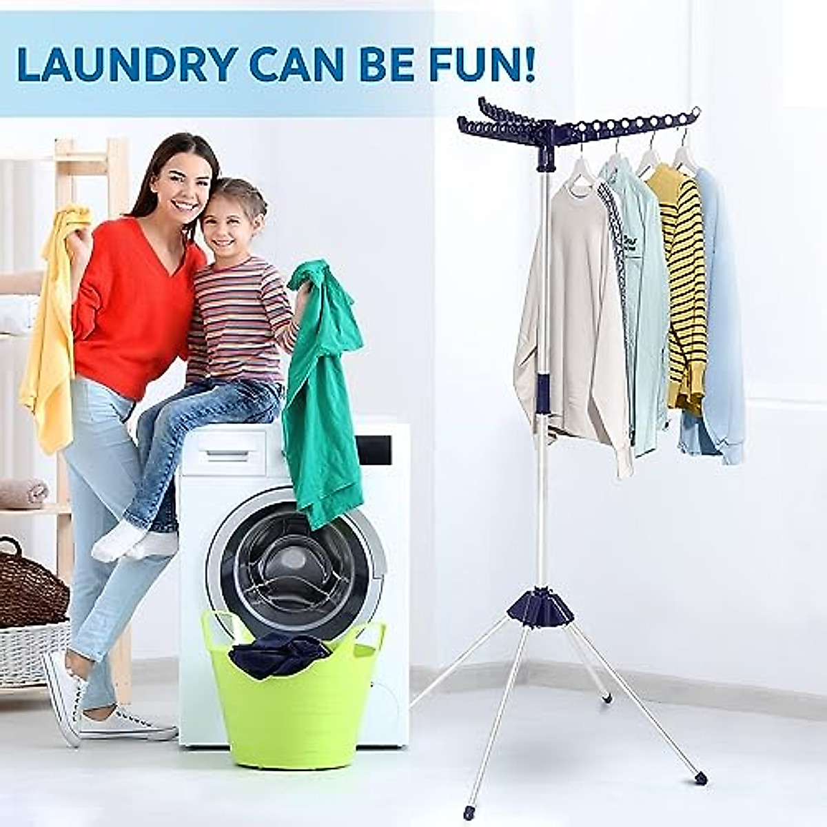 Laundry Drying Rack Foldable 59 Inch Clothes Drying Rack, 3 Rotatable Arms & 4 Sturdy Legs, Folding Clothes Racks for Hanging Clothes in Small Areas (Dark Blue)