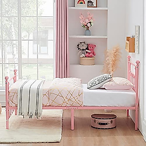VECELO Twin Size Metal Platform Bed Frame for Girls Kids Adults, with Headboard and Footboard/No Box Spring Needed Mattress Foundation, Festival Gift Birthday Present, Pink