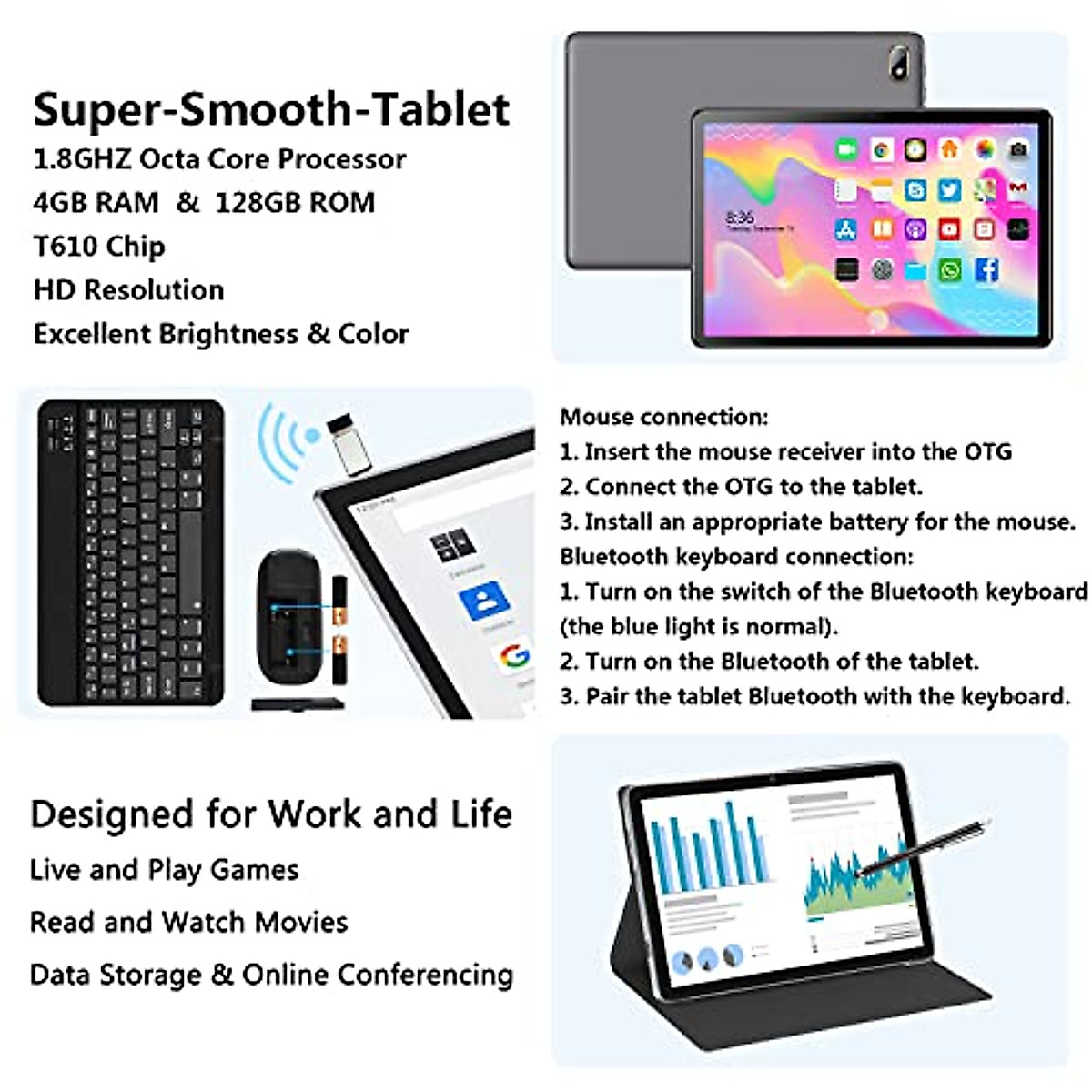 Android Tablet 10 Inch, 5G WiFi Tablet with Keyboard, 1.8GHZ Octa-Core Processor, 4GB+128GB/512GB ROM, Bluetooth 5.0, GPS, Google Certified HD Tablet PC Gray