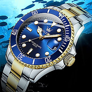 OLEVS Gold Stainless Steel Watch for Men Under 100, Blue,Waterproof, Big Face Dress Watches Men Date,Relojes De Hombre,Luminous Man Wristwatches, Male Diver Watch
