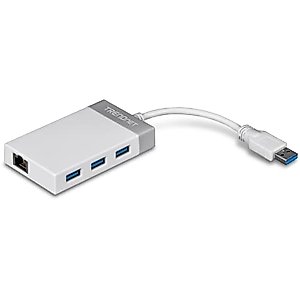 TRENDnet 3-Port USB 3.0 Hub, TU3-ETGH3, Compact USB to Ethernet Adapter, 3 x USB 3.0 Ports, 1 x RJ-45 Gigabit Ethernet Port, Supports XP, Vista, Windows, Mac OS 10.6-10.9, Nintendo Switch, White