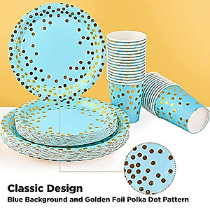 210 Piece Golden Dot Dinnerware Set 30 Guest - 60 Blue Paper Plates,30 Gold Plastic Silverware,30 Paper Cups,30 Paper Napkins, FOCUSLINE Disposable Party Dinnerware for Graduation Birthday Wedding