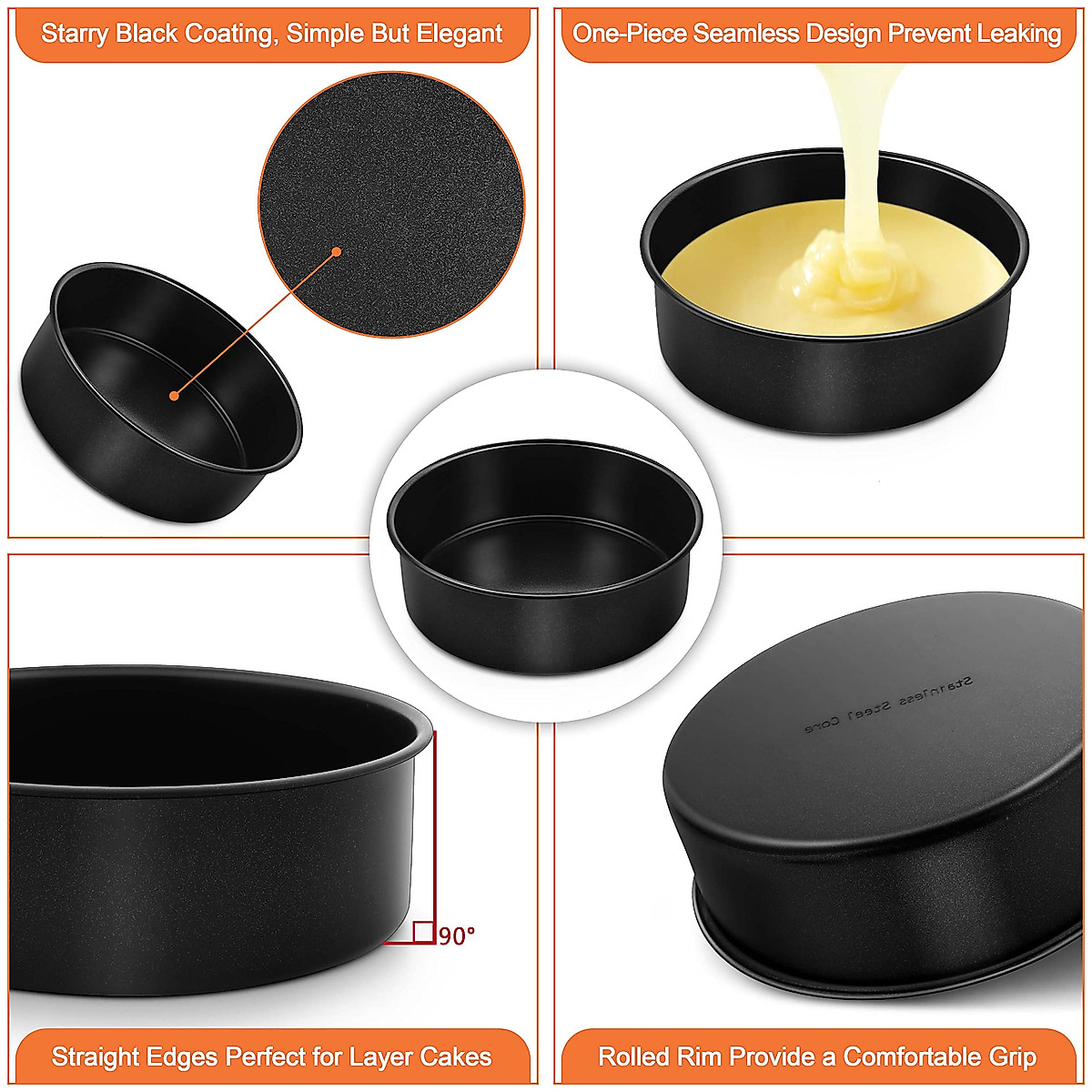 Homikit 6 Inch Cake Pan Set of 4, Stainless Steel Nonstick Round Cake Baking Pan Mold, Metal Birthday Wedding Smash Layer Cheesecake Pans for Circle Cake Pizza Pie Tart Quiche, Healthy & Oven Safe