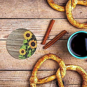 Sunflower Drink Coasters Set of 6 with Holder Absorbent Ceramic Coasters for Wooden Table, Farmhouse Rustic Coasters Cork Base Home Decor House Warming Gift